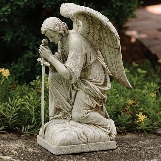 13.25" Stone-Colored Kneeling Angel Statue – A Majestic Outdoor Accent ...