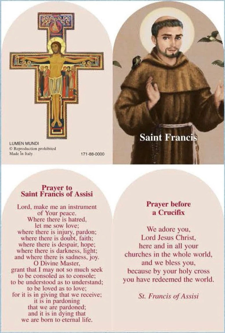 Saint Francis Arched Prayer Card with San Damiano Crucifix – Prayer of – The Catholic Store